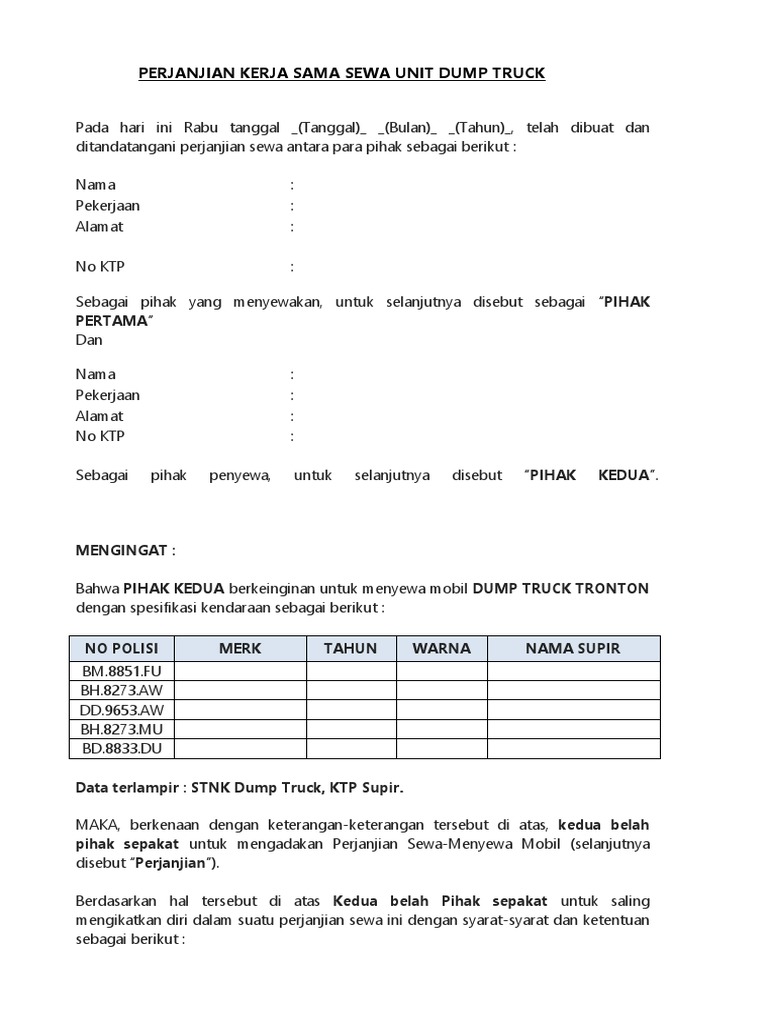 Draft Perjanjian Sewa Dumptruck 1 | PDF