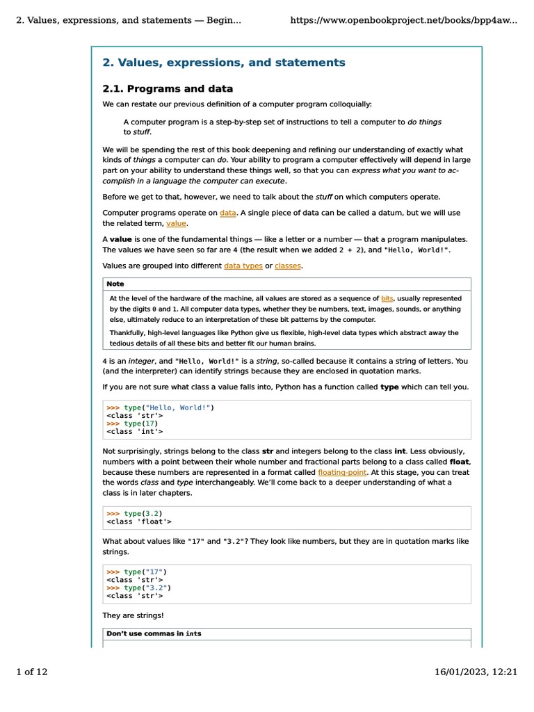 Values Expression Statements 2 Bpp Python Pdf Variable Computer Science Data Type 