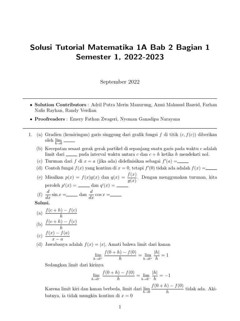 Solusi Tutorial MA1101 Bab 2 Bagian 1 | PDF