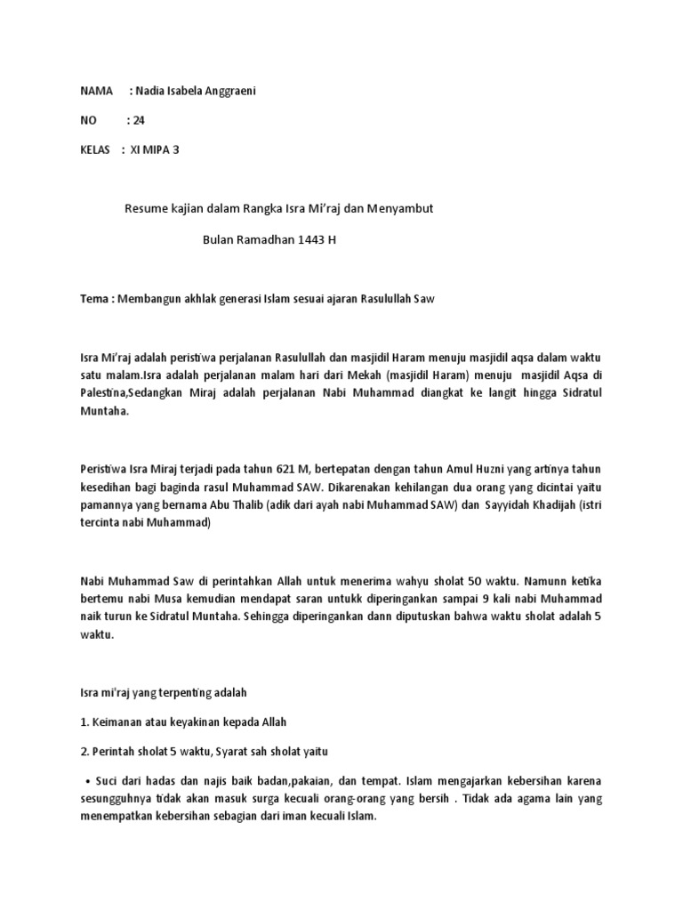 TUGAS RESUME PENGAJIAN ISRA' MI'RAJ (Nadia Isabela Anggraeni) XI MIPA 3 | PDF | Perjalanan ...