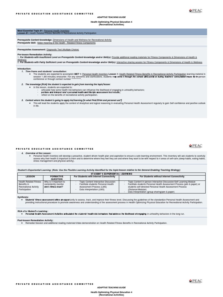 Adaptive Teaching Guide for PE 4 | PDF | Learning | Skeletal Muscle