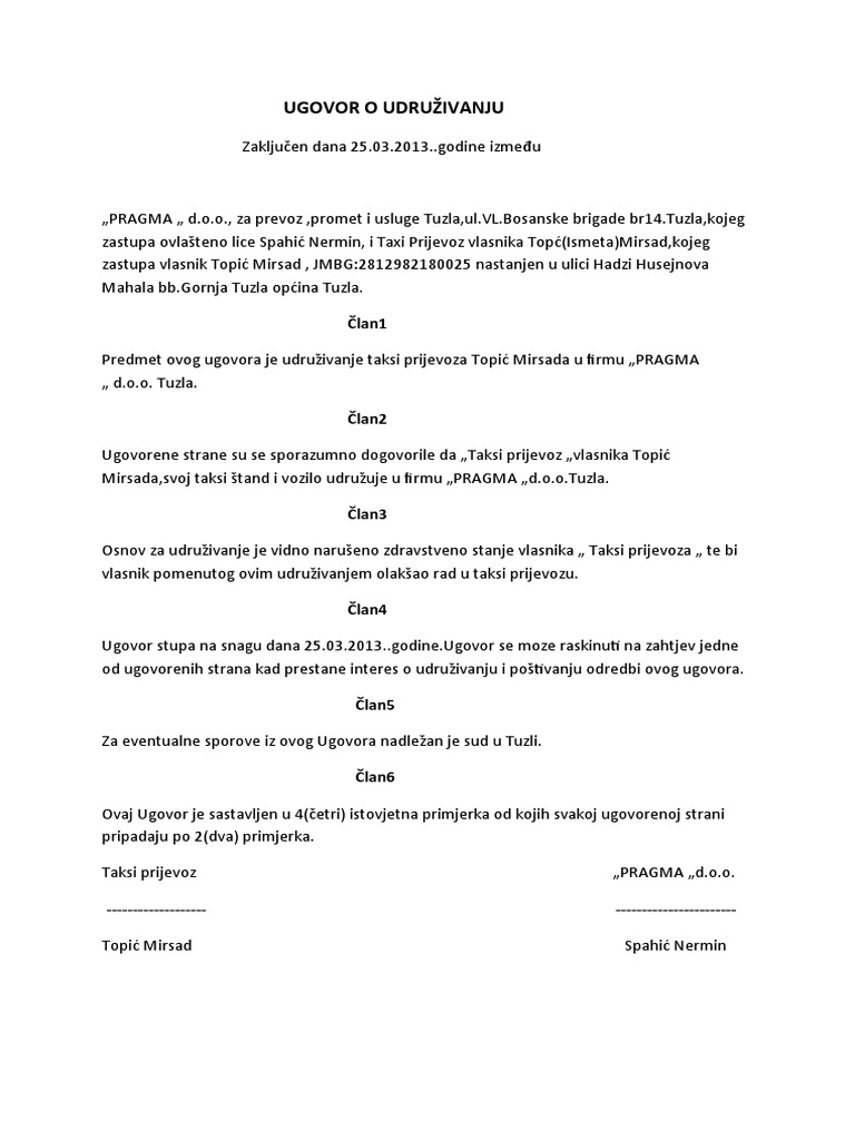 Ugovor o Udruživanju | PDF