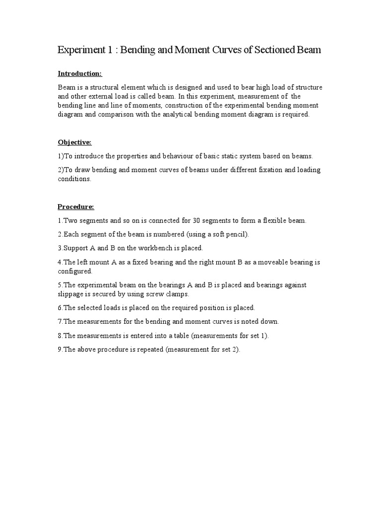 Experiment 1 - Bending and Moment Curves of Sectioned Beam | PDF | Beam ...