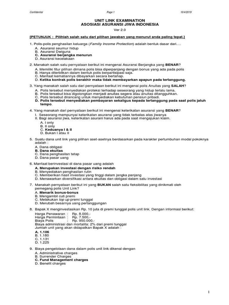 Unit Link Examination - Ver 2 With Answer | PDF