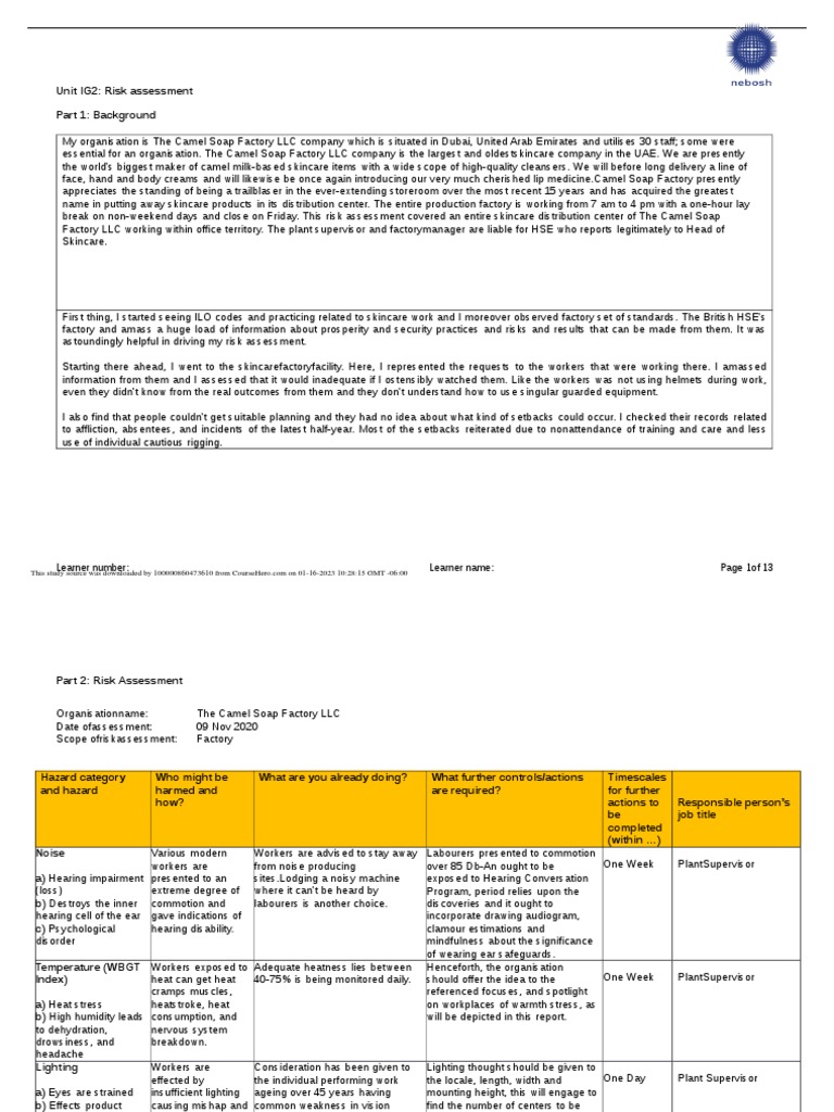Unit IG2 Risk Assessment Soap Manufacturing Factory | PDF | Personal ...