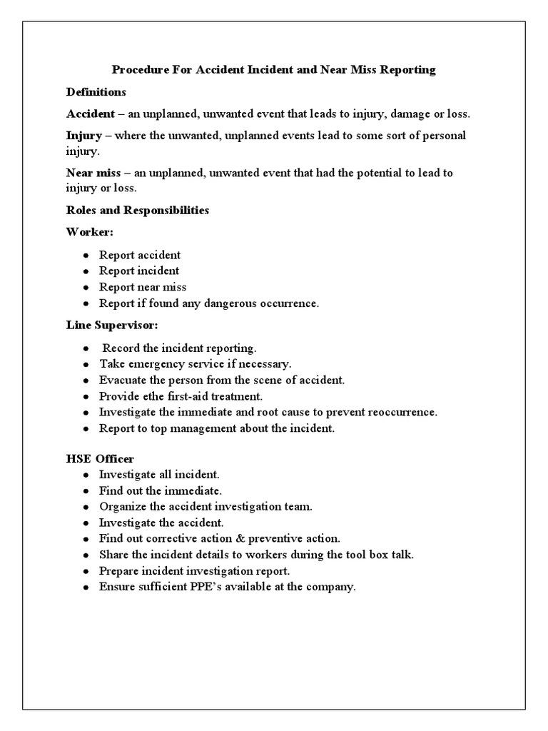 Procedure For Accident Incident and Near Miss | PDF