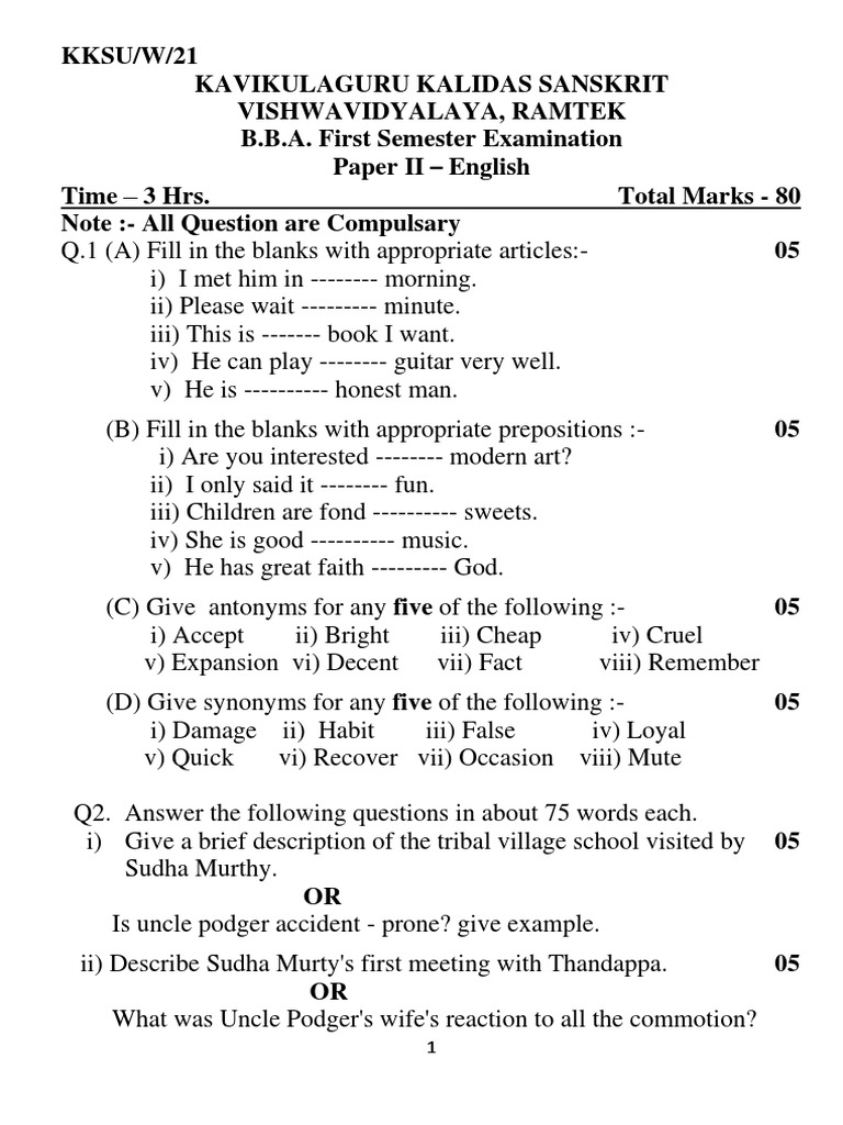 BBA Sem I Paper II English Question | PDF