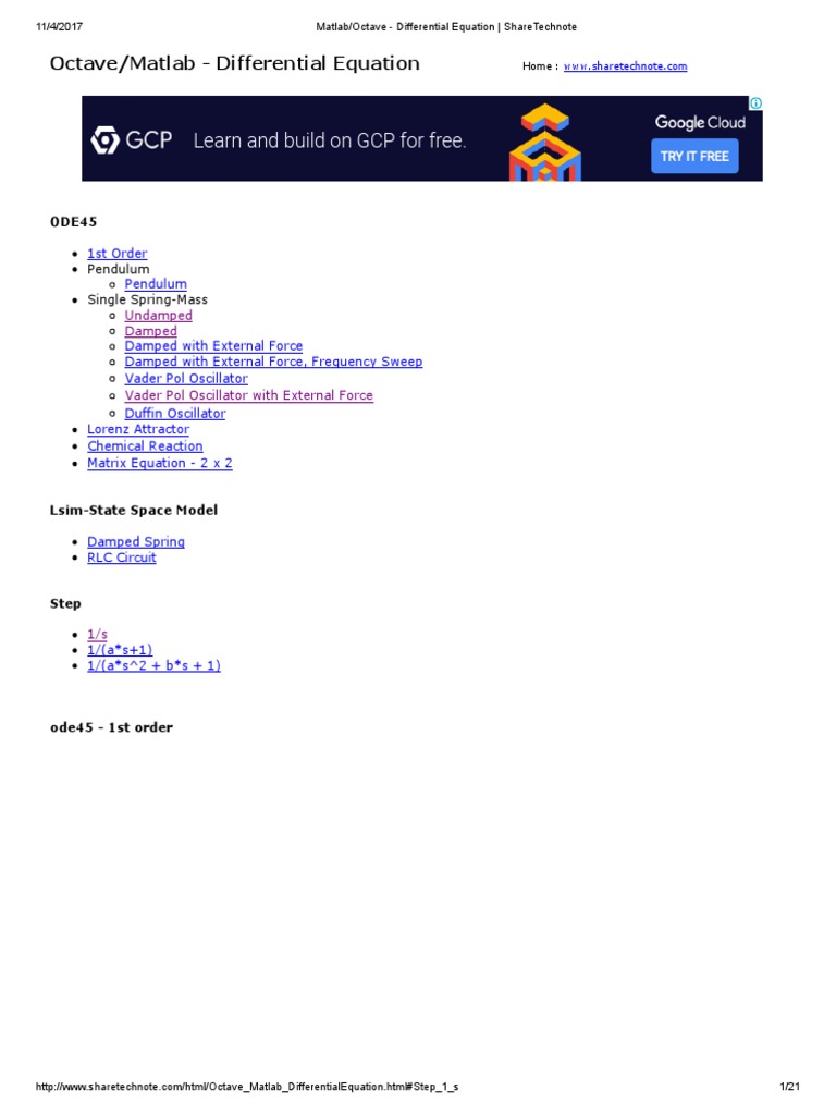 Matlab - Octave - Differential Equation - ShareTechnote | PDF | Damping ...