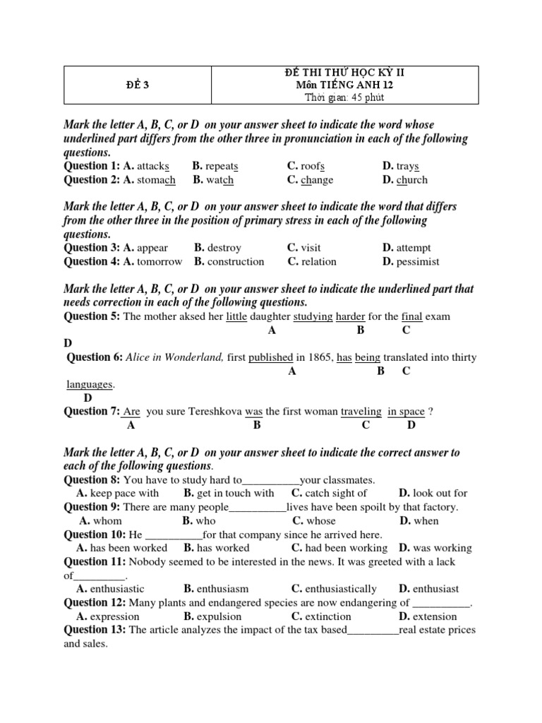 Đề thi thử HK2 3 | PDF | English Language