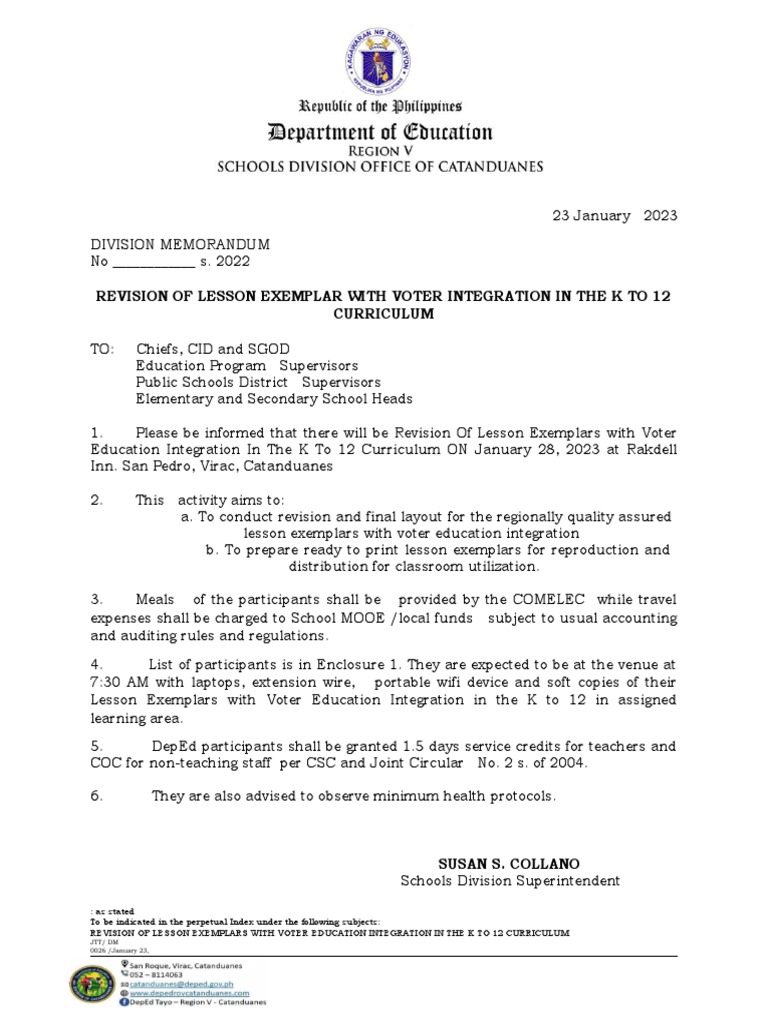 Division Memo On The Revision of Lesson Exemplars | PDF | Communication