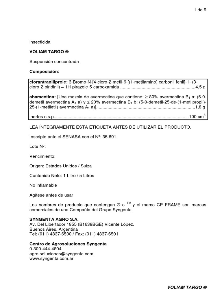 Volian Targo - Clorantraniprole y Abamectina | PDF | Agua | Insecticida