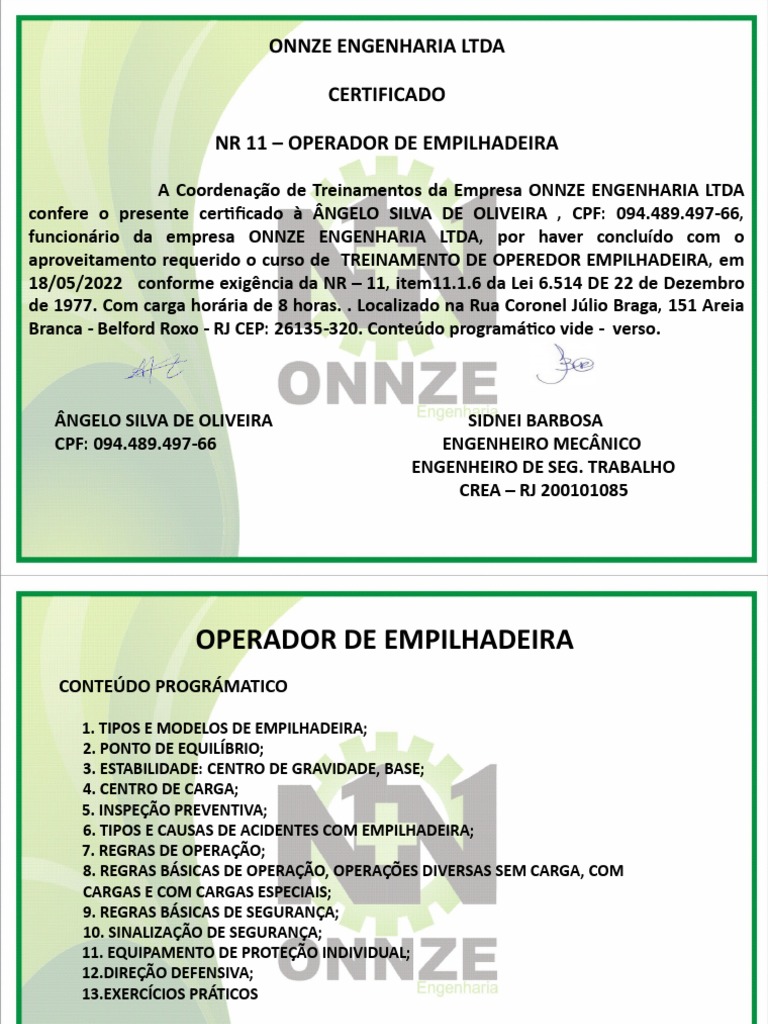 Certificado de Operador de Empilhadeira | PDF