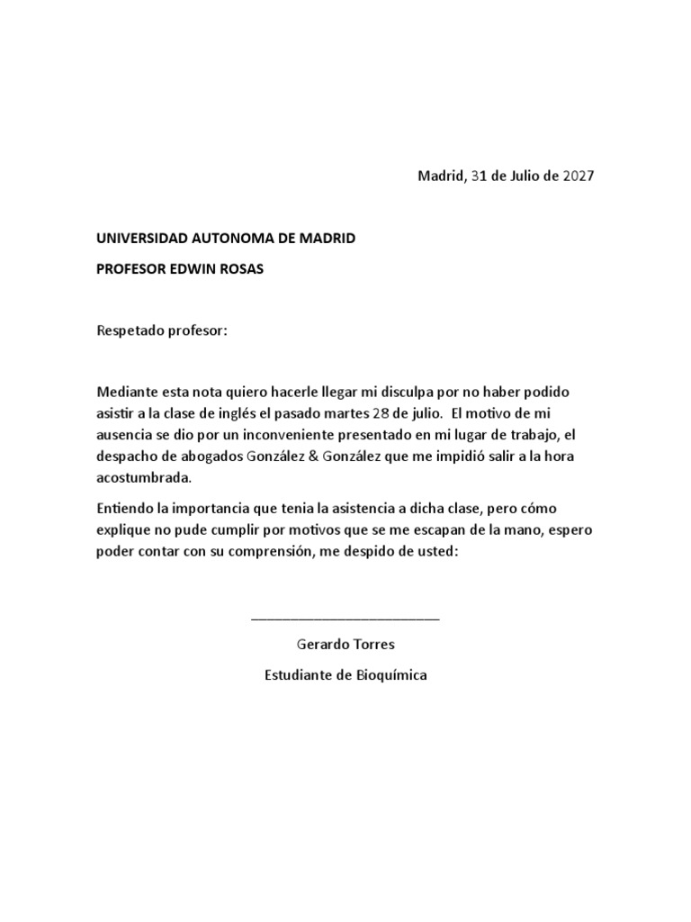 Carta de Inasistencia A Clases Por Motivo Laboral | PDF