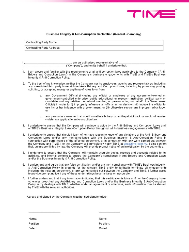 Time Ftto Anti Corruption Abc Form | PDF | Bribery | Corruption