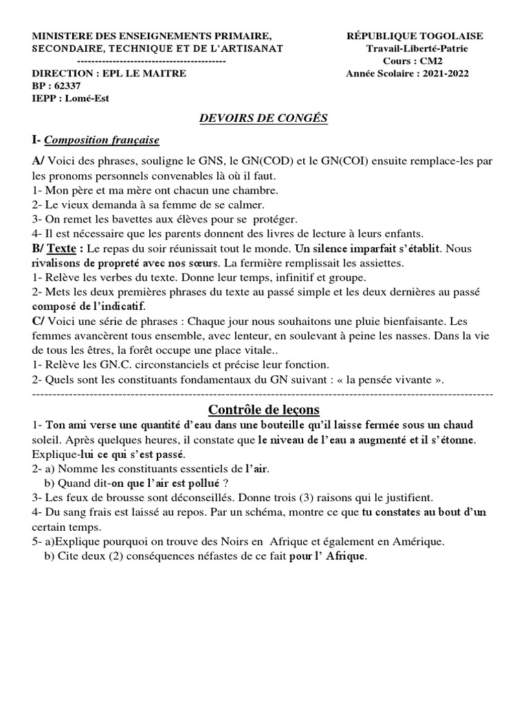Devoir de Congés de Pâques | PDF | Phrase | Grammaire
