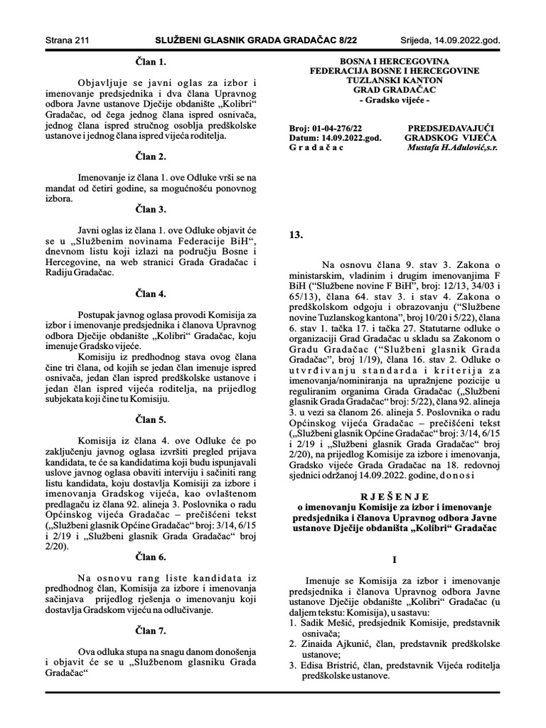 Rješenje o Imenovanju Komisije Za Provođenje Javnog Oglasa Za Izbor I Imenovanje Predsjednika I ...