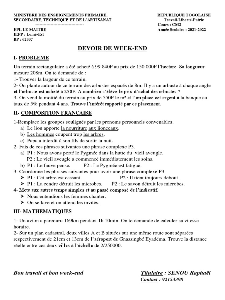 Devoir CM2 : Mathématiques et Français | PDF