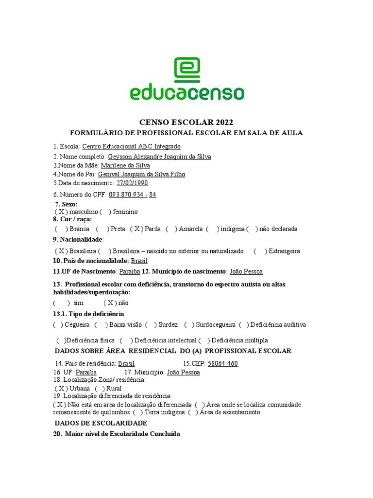 Formulário Professor em Sala de Aula | PDF | Ensino Superior