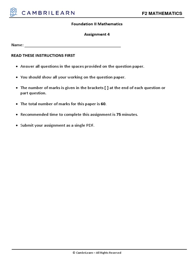 F2 Mathematics Foundation Ii Mathematics Assignment 4: © Cambrilearn - All Rights Reserved | PDF ...