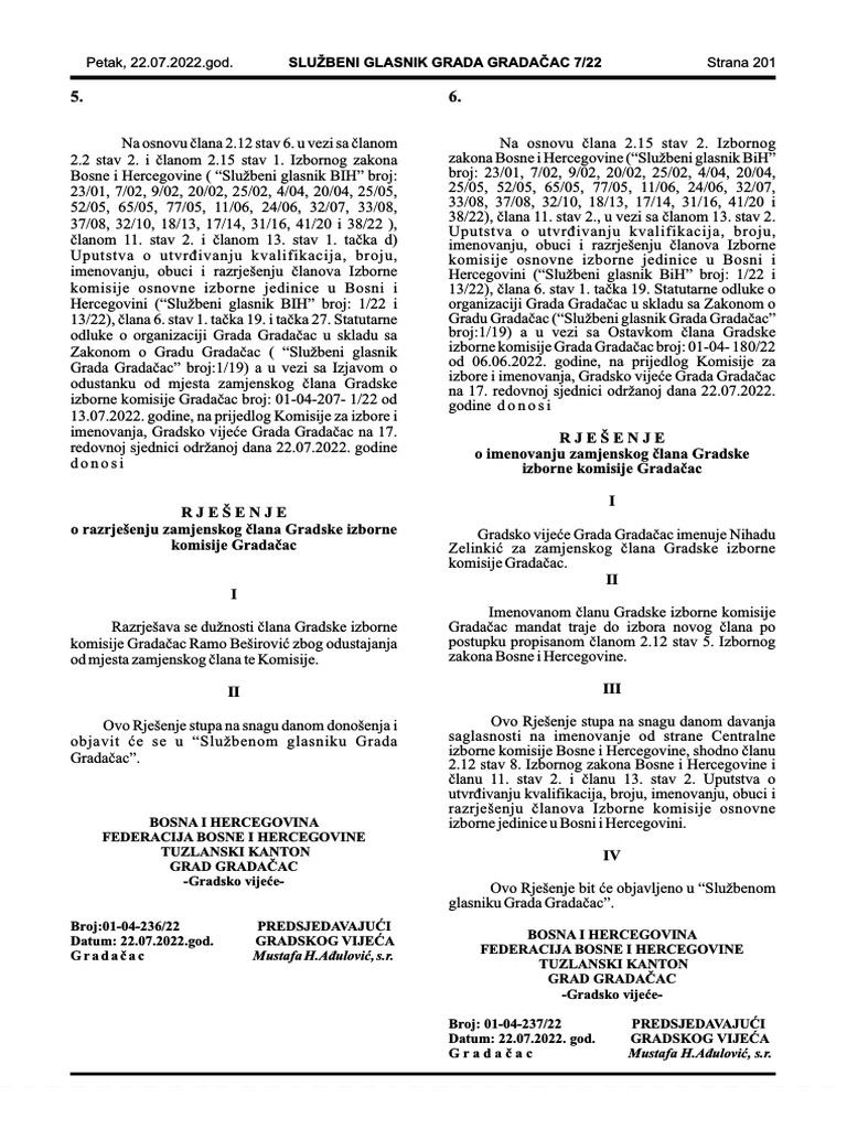 Rješenje o Imenovanju Zamjenskog Člana Gradske Izborne Komisije Gradačac (Nihada Zelinkić) | PDF