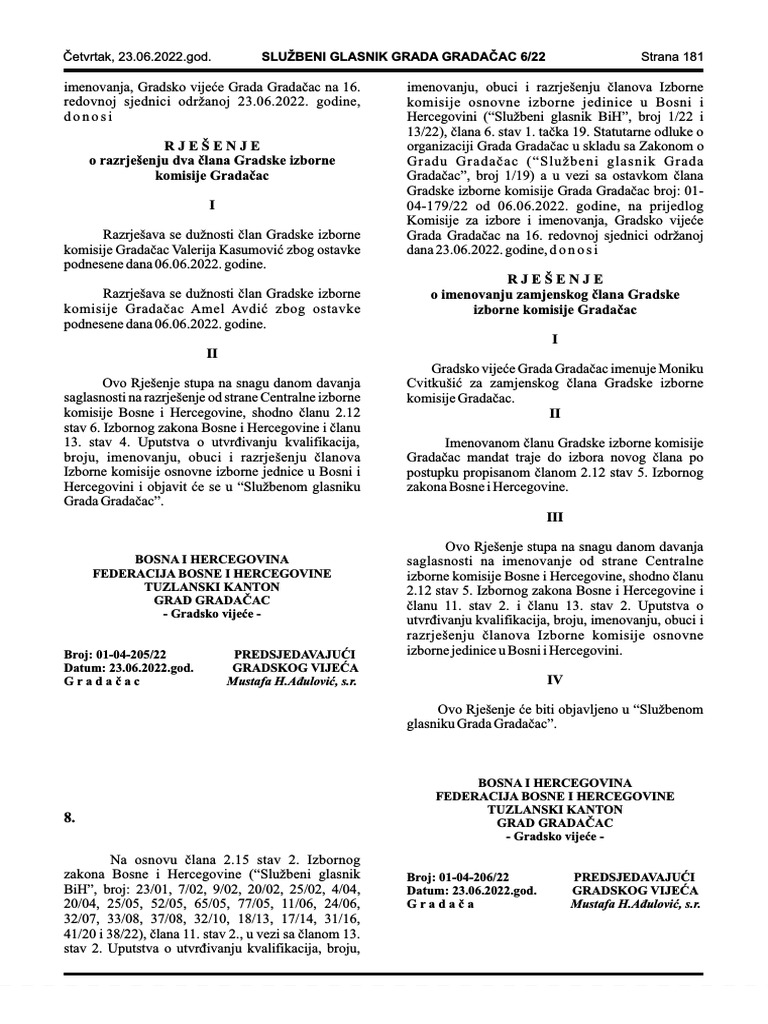 Rješenje o Imenovanju Zamjenskog Člana Gradske Izborne Komisije (Monika Cvitkušić) | PDF