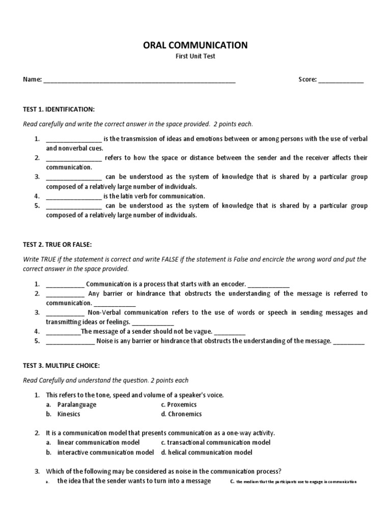 Oral Communication Unit Test Guide | PDF | Communication | Nonverbal ...