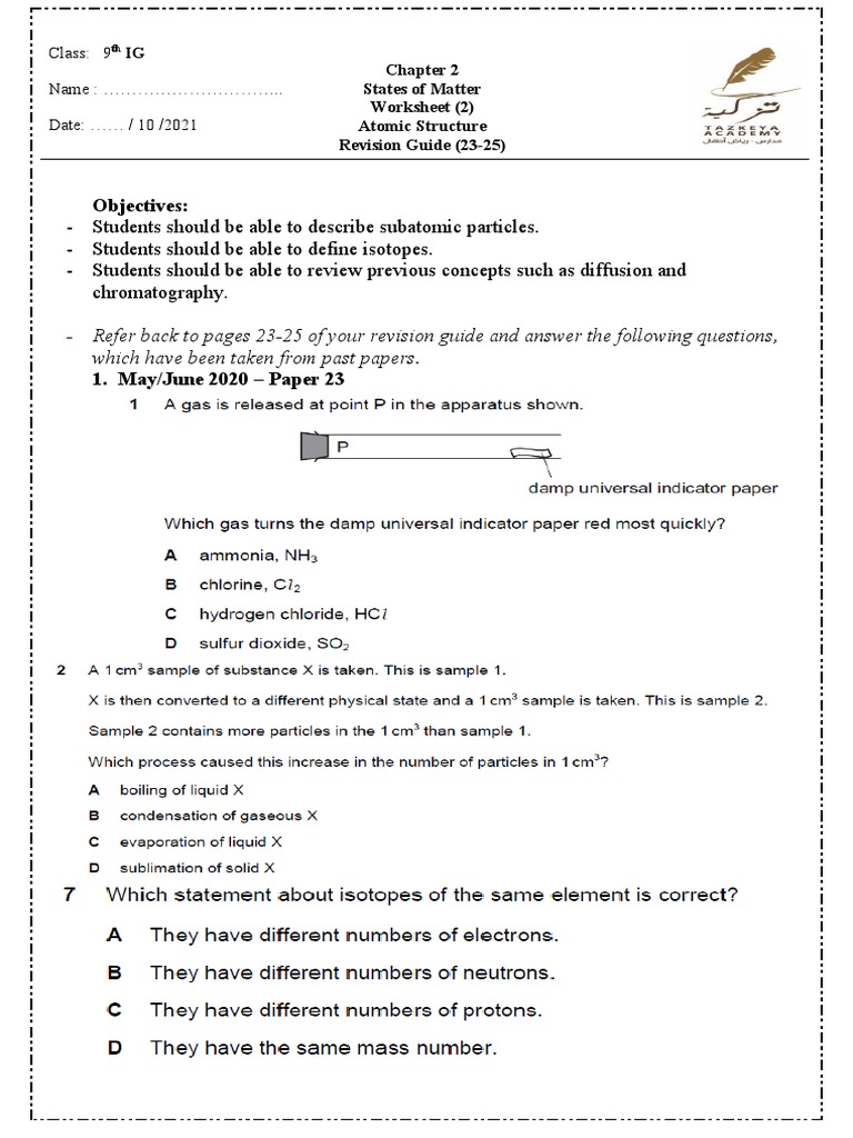 Grade 9 IG - Worksheet 2 - Chapter 2 - Atomic Structure 1 | PDF ...