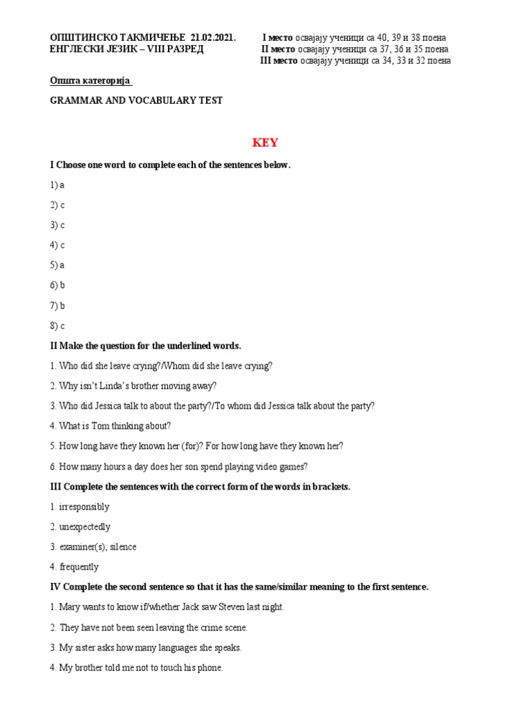 Opstinsko Takmicenje ENGLESKI J KLJUC | PDF