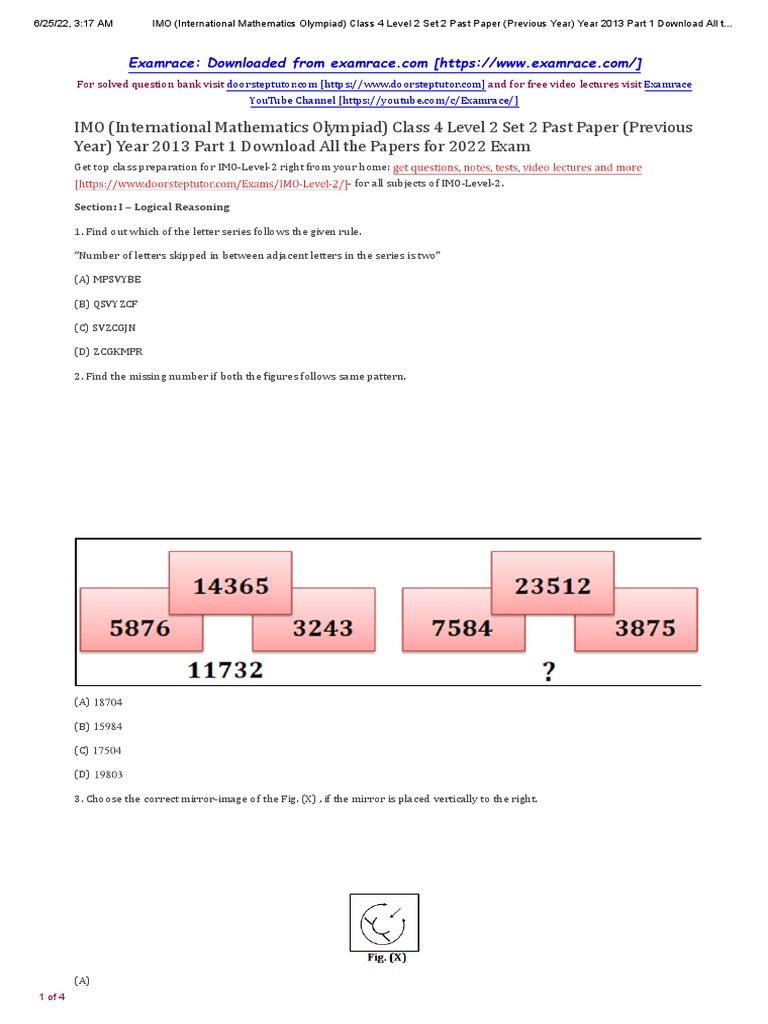 IMO Class 4 Level 2 Year | PDF | Mathematics
