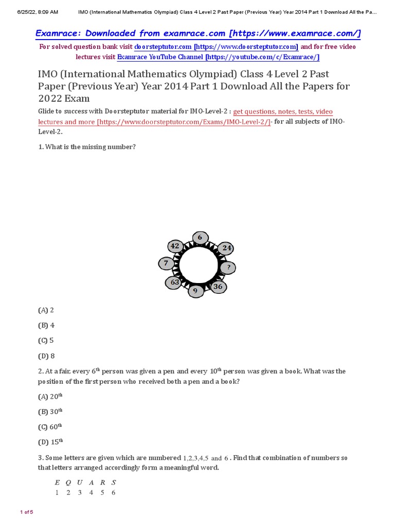 IMO Class 4 Level 2 Year 2014 Part 1 | PDF | Mathematics