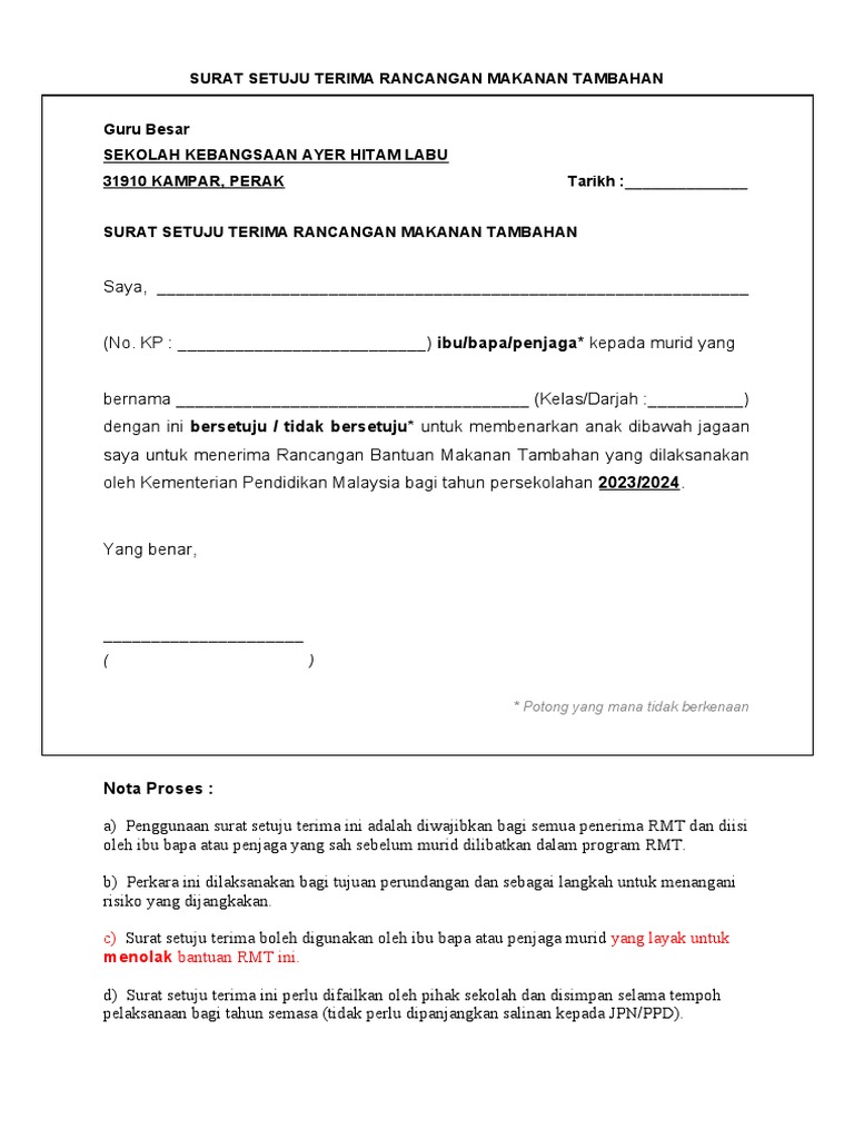 Surat Setuju Terima Bantuan Rancangan 202324 | PDF