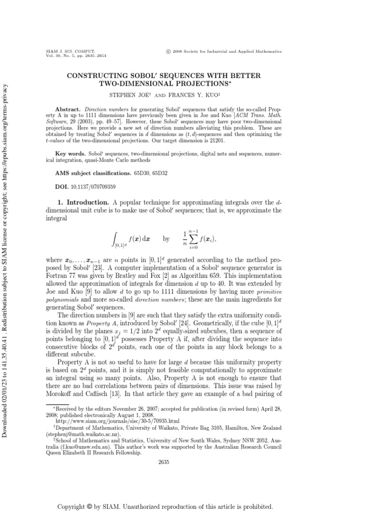 Constructing Sobol Sequences With Better Two Dimensional Projections Pdf Integral Sequence