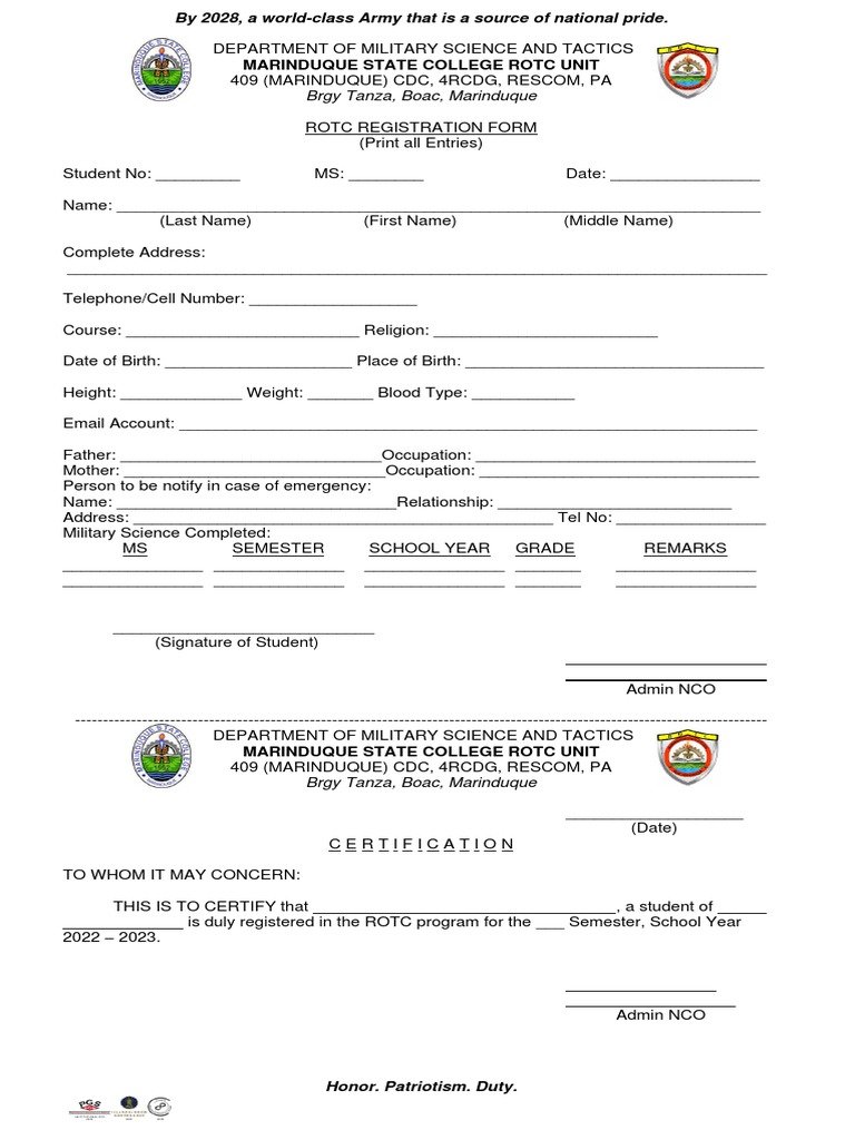 02 ROTC Registration Form 2nd Sem | PDF