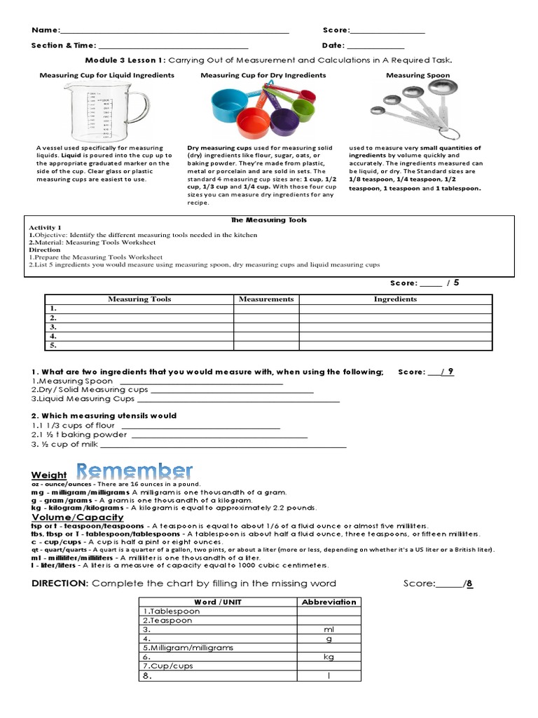 Module 3 Lesson 1 Cookery | PDF | Litre | Teaspoon