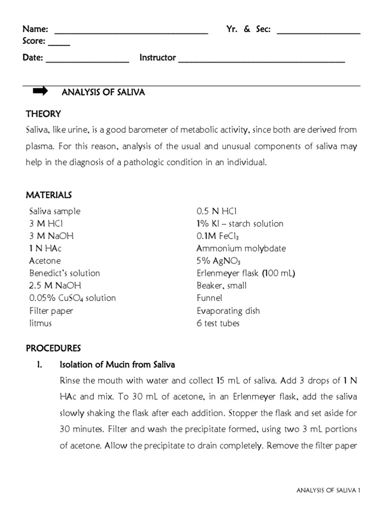 Analysis of Saliva | PDF | Glucose | Chemical Elements