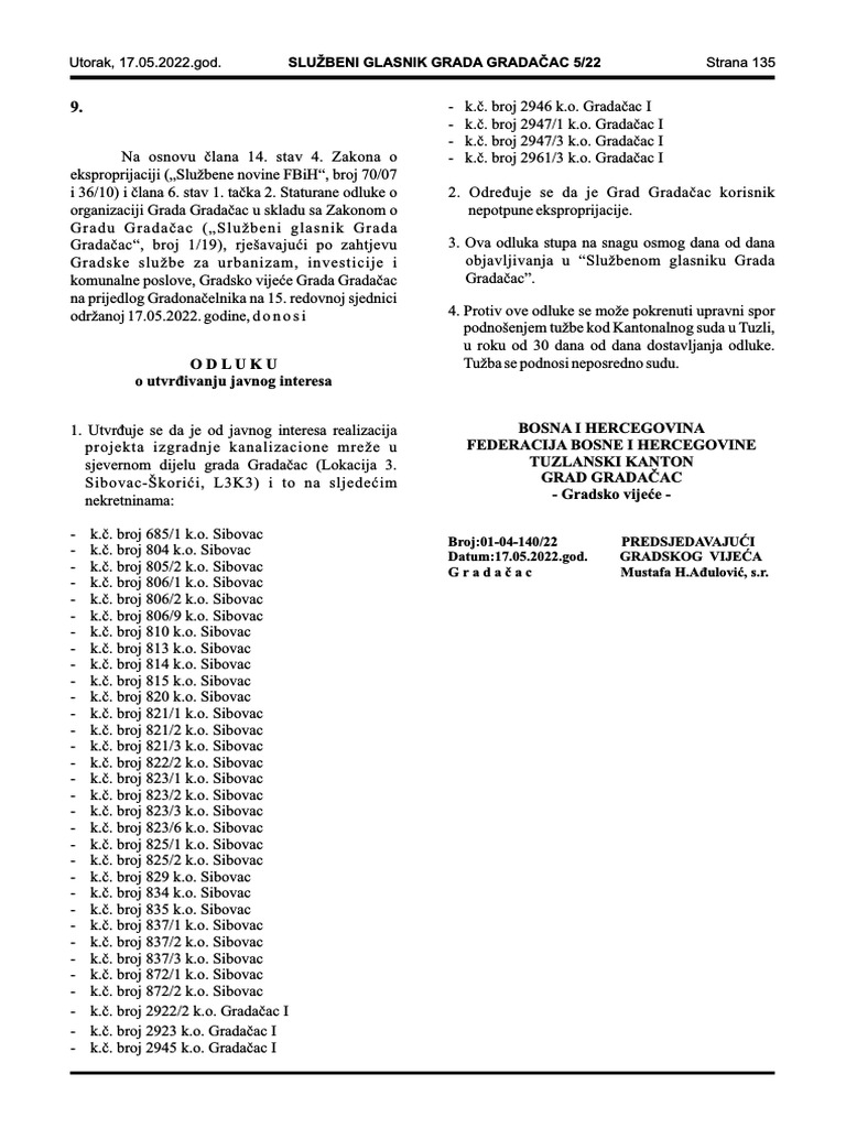 Odluka o Utvrđivanju Javnog Interesa (Kanalizacija Sibovac) | PDF