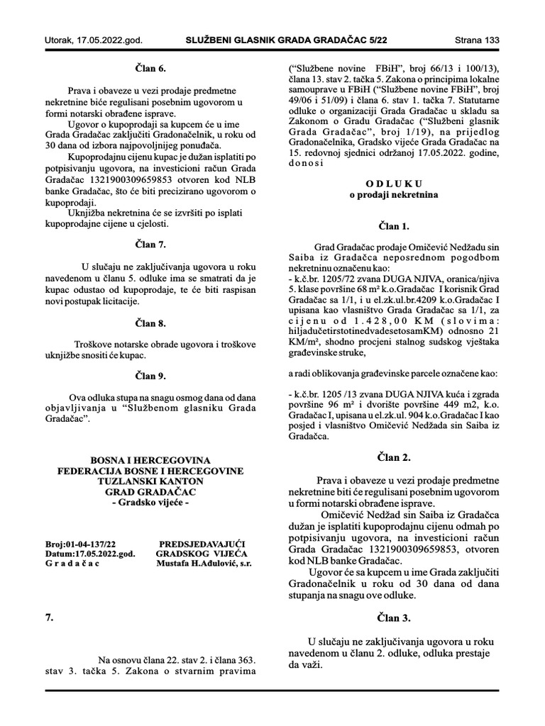 Odluka o Prodaji Nekretnina (Prodaja Neposrednom Pogodbom Omičević ...