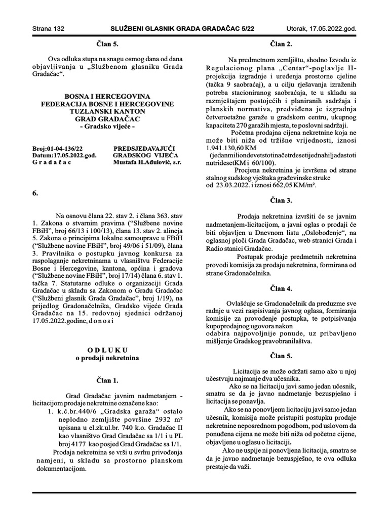 Odluka o Prodaji Nekretnina (Prodaja Licitacijom Gradska Garaža) | PDF