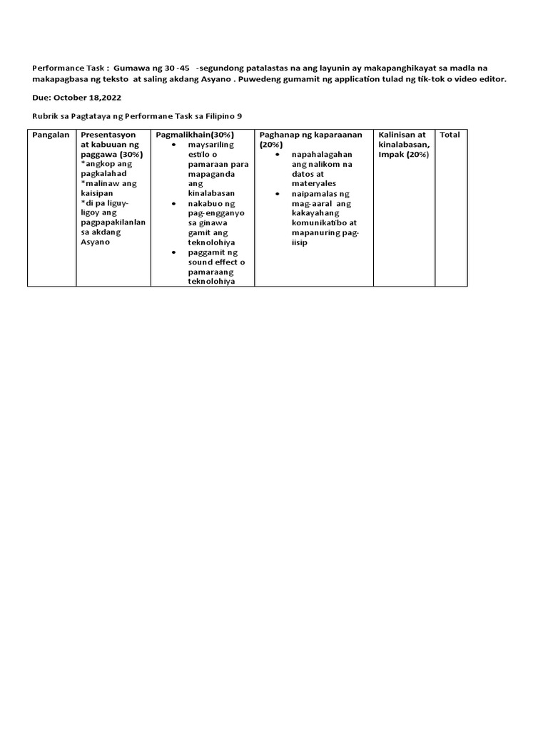 Rubrik Sa Pagtataya NG Performance Task | PDF