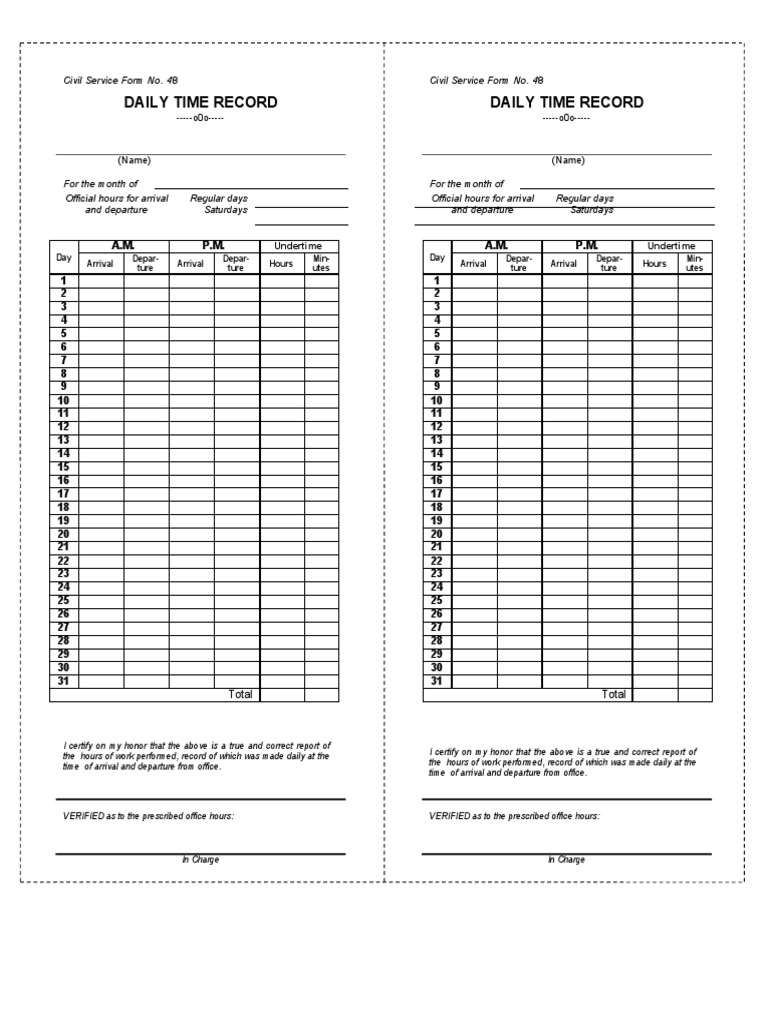 CSC Form No 48 Daily Time Record DTR | PDF