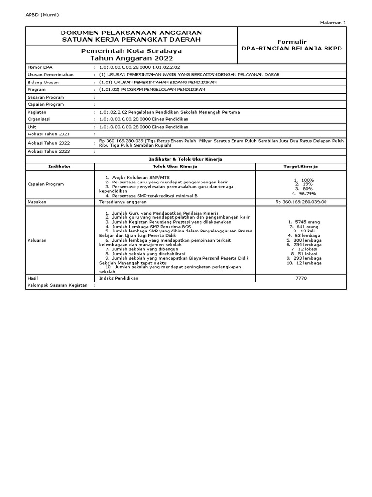 Dokumen Pelaksanaan Anggaran Satuan Kerja Perangkat Daerah Pemerintah Kota Surabaya Tahun ...