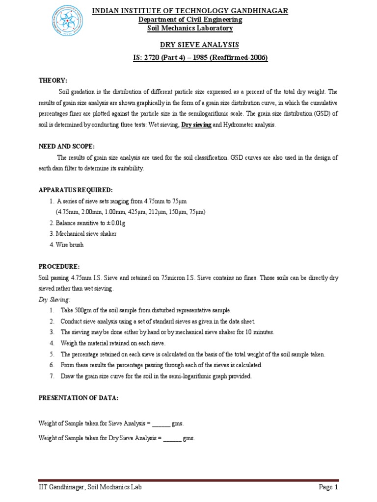 Dry Sieve Analysis | PDF | Soil Mechanics | Particle Size Distribution