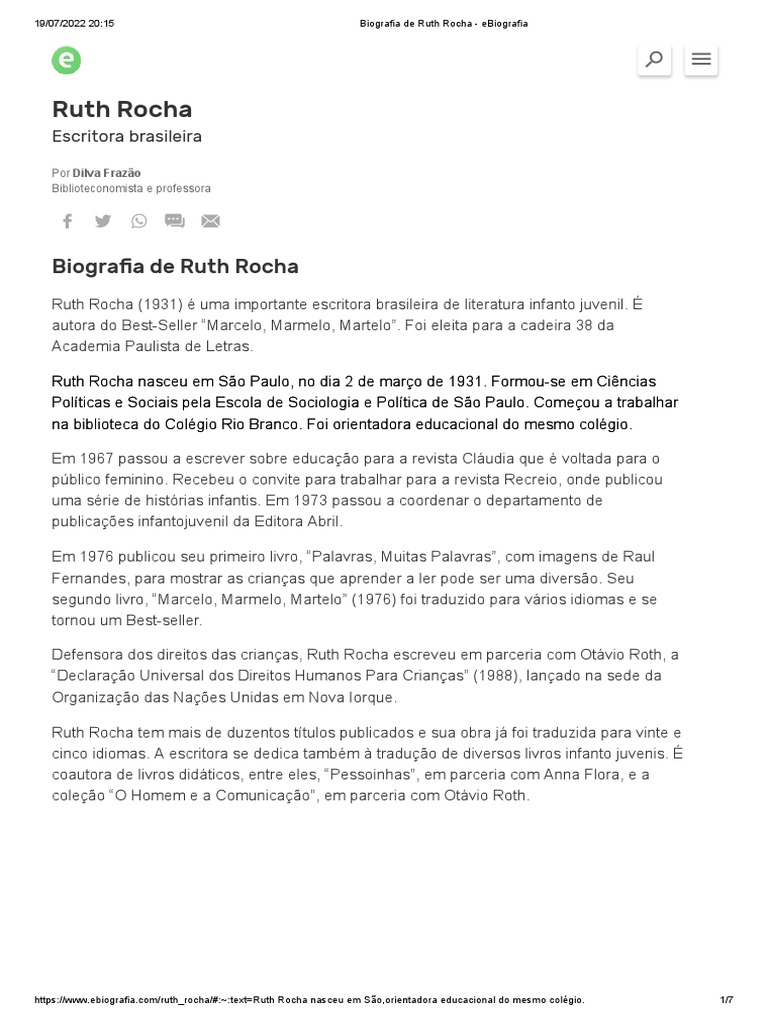 Biografia de Ruth Rocha - Ebiografia | PDF | Arte
