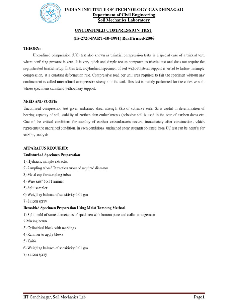 Unconfined Compressive Strength Test | PDF | Soil Mechanics ...