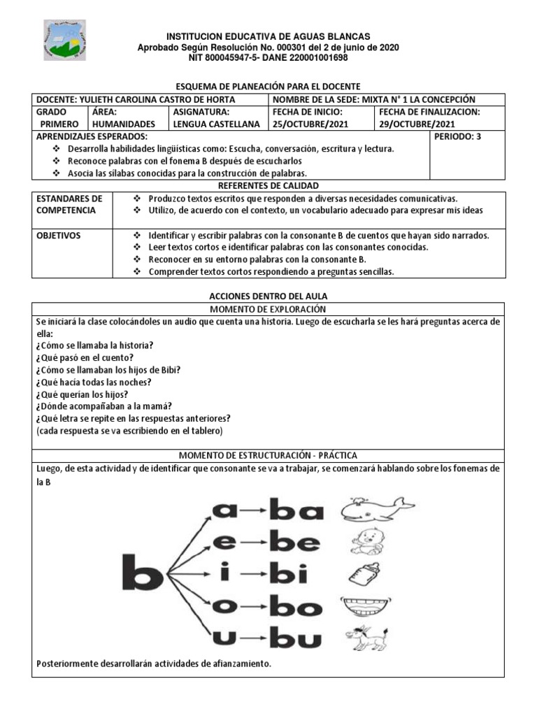 Plan de Clases: Consonante B en Primaria | PDF | Aprendizaje | Ciencia ...