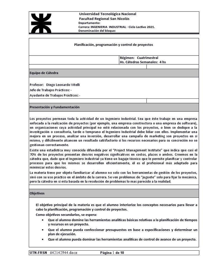 Planificacion de Planif Proyectos 2021-Rev Final | PDF | Planificación | Ingeniería Industrial