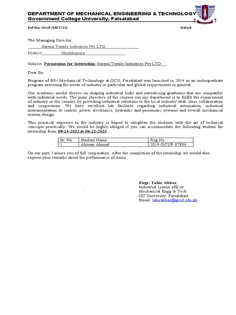 Internship Letter Format (2) - 1 | PDF