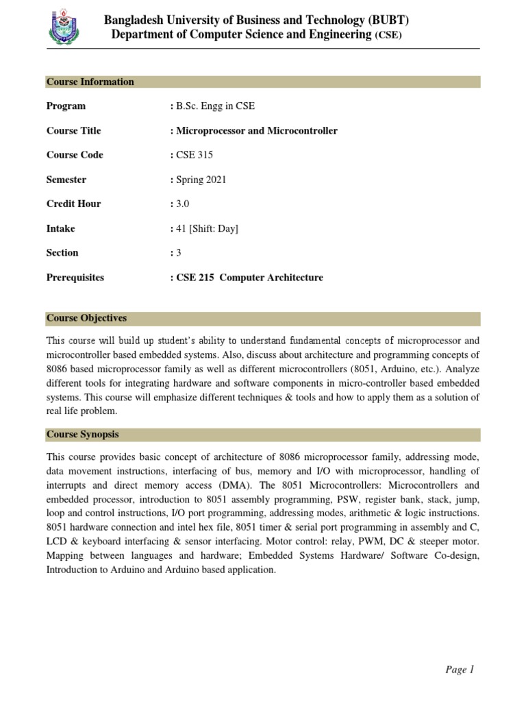 CSE 315 - COurseOutline | PDF | Microcontroller | Embedded System CSE 315 - COurseOutline | PDF | Microcontroller | Embedded System