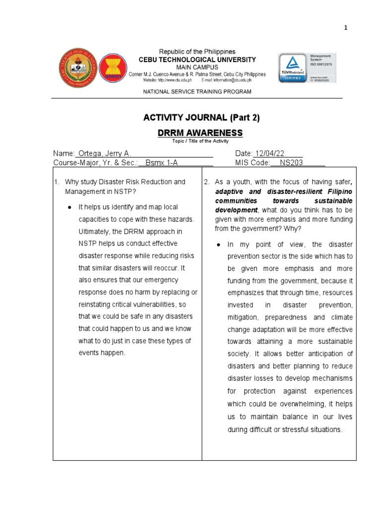 ORTEGA 1st 22 23 Activity Journal DRRM Awareness The CCA Part II | PDF | Emergency Management | Risk