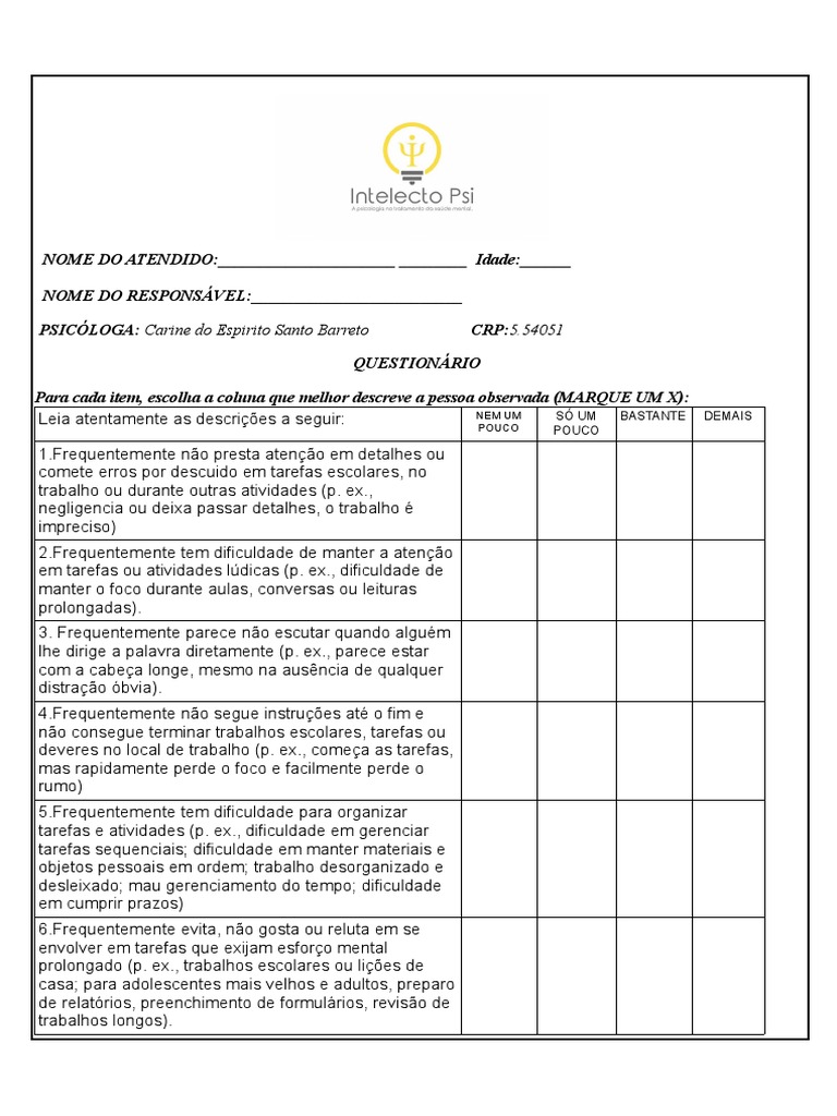 Questionário de Avaliação de Sintomas de TDAH | PDF | Adolescência